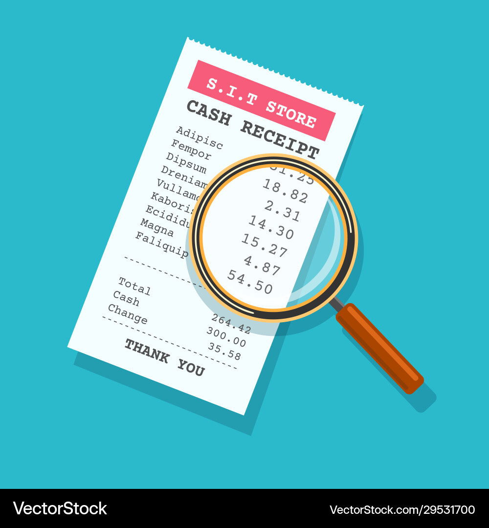 Paper receipt with magnifying glass Royalty Free Vector