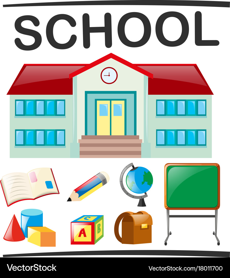 School set with school building and objects Vector Image