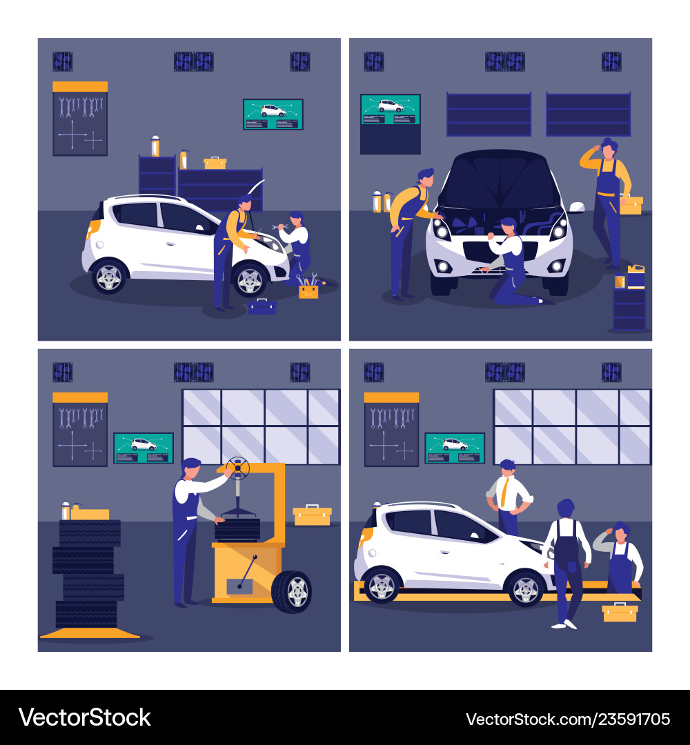 Car in maintenance workshop with mechanics team Vector Image