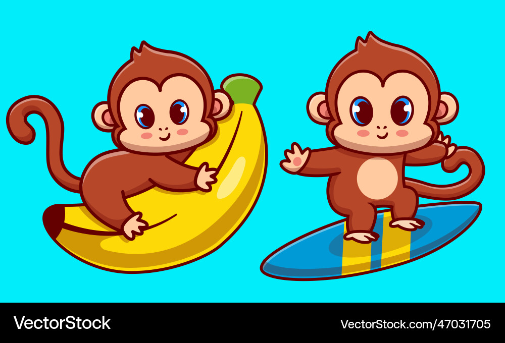 Cute monkey hug banana and surfing Royalty Free Vector Image