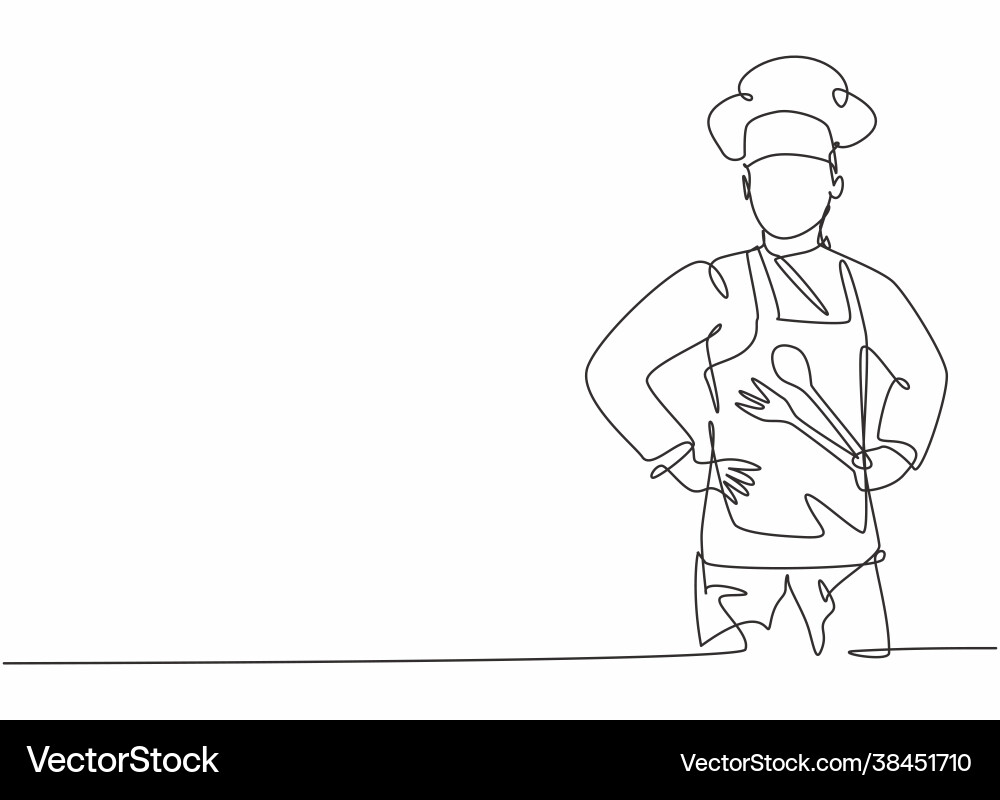Continuous one line drawing young male chef Vector Image