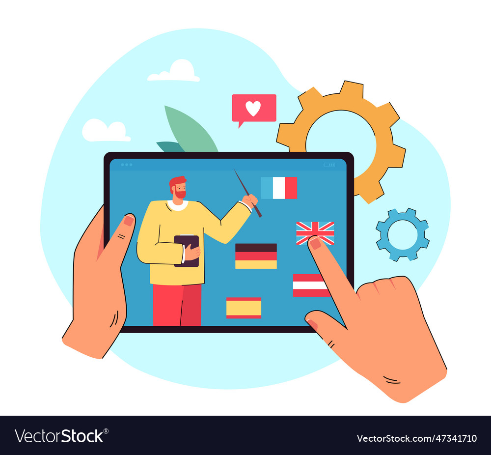 Hands holding tablet and choosing language Vector Image