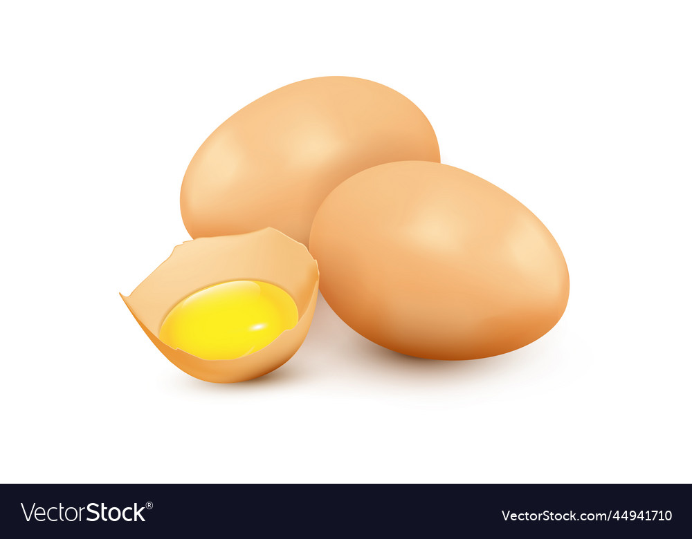 Realistic eggs and broken egg with yolk Royalty Free Vector