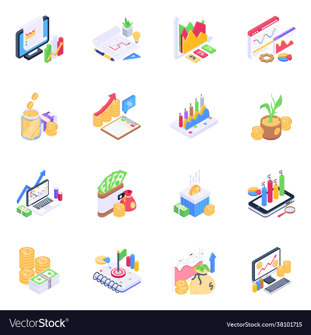 Icons data charts in isometric design Royalty Free Vector