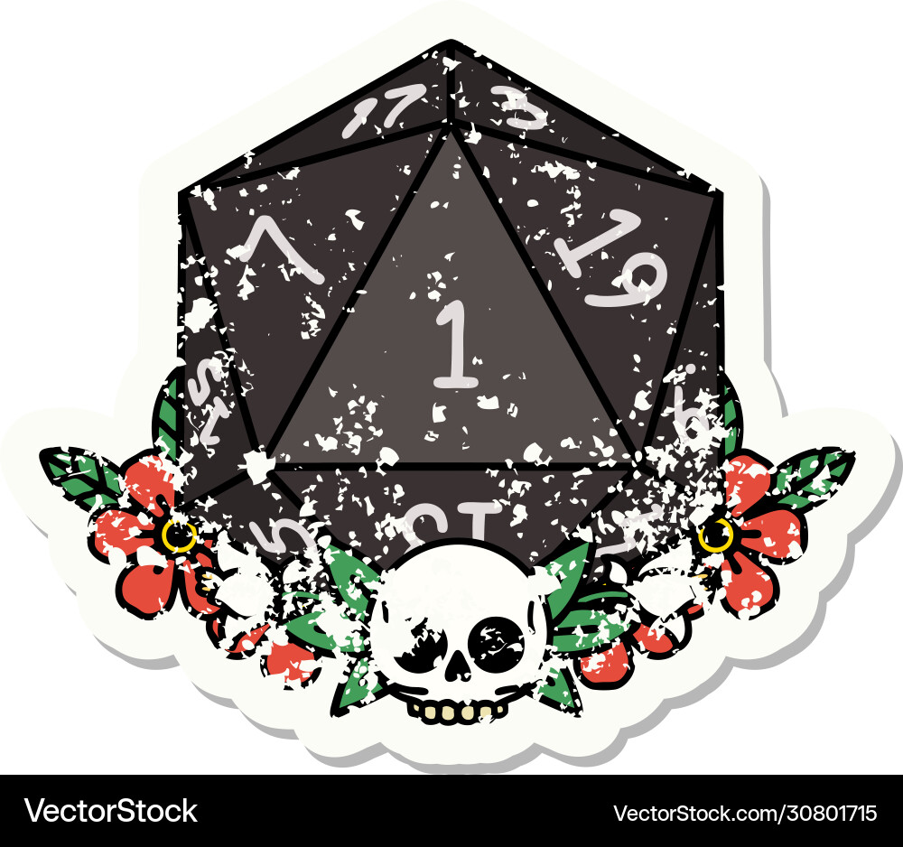 Natural one dice roll with floral elements grunge Vector Image