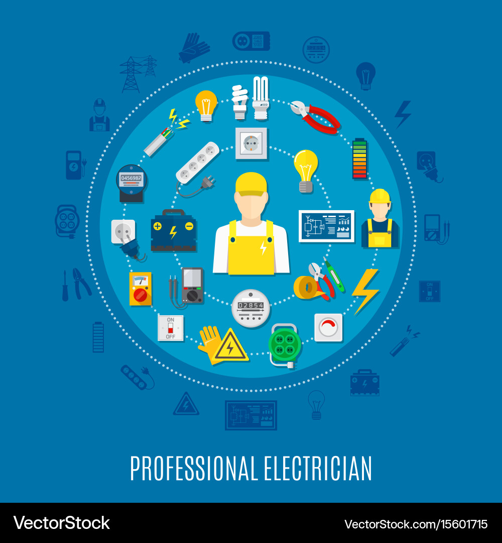 Professional electrician round design Royalty Free Vector
