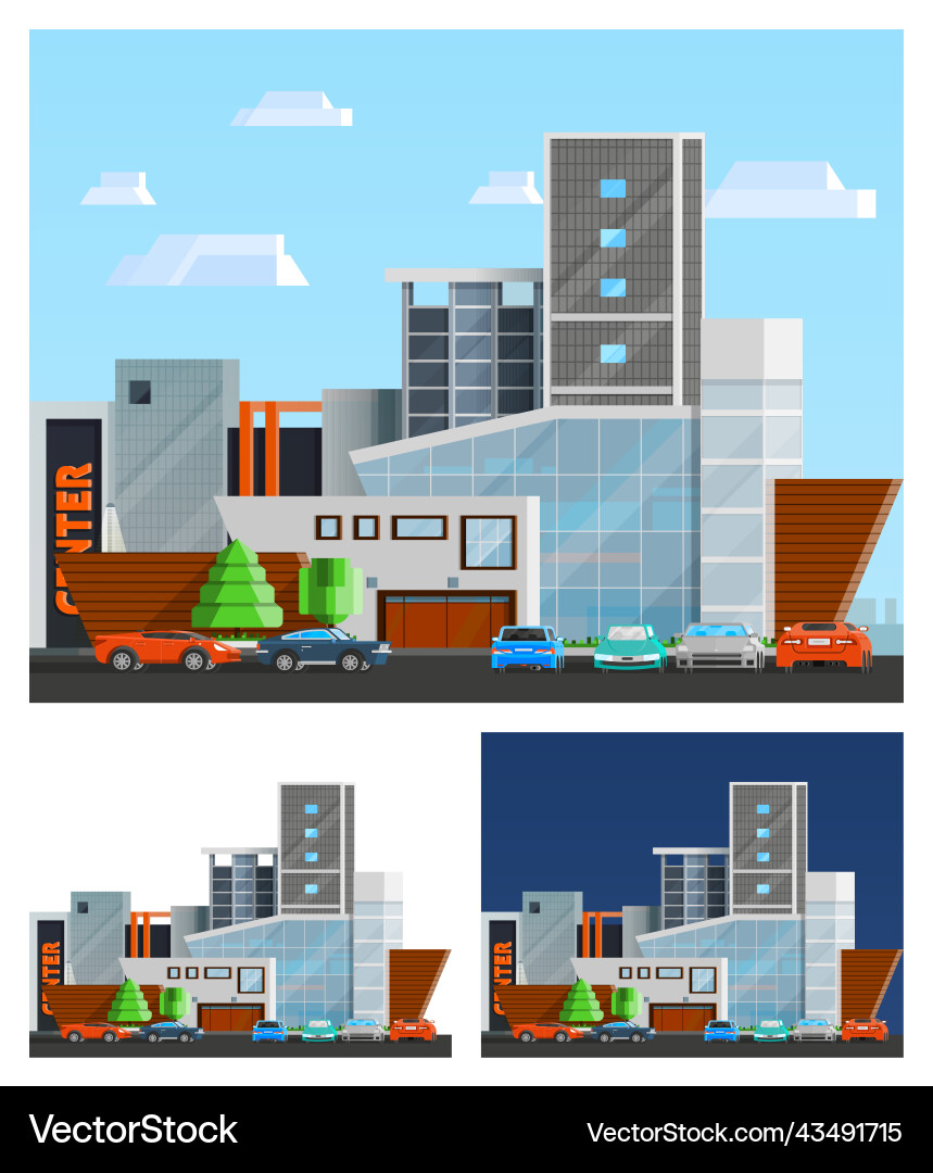 Shopping mall building compositions set Royalty Free Vector