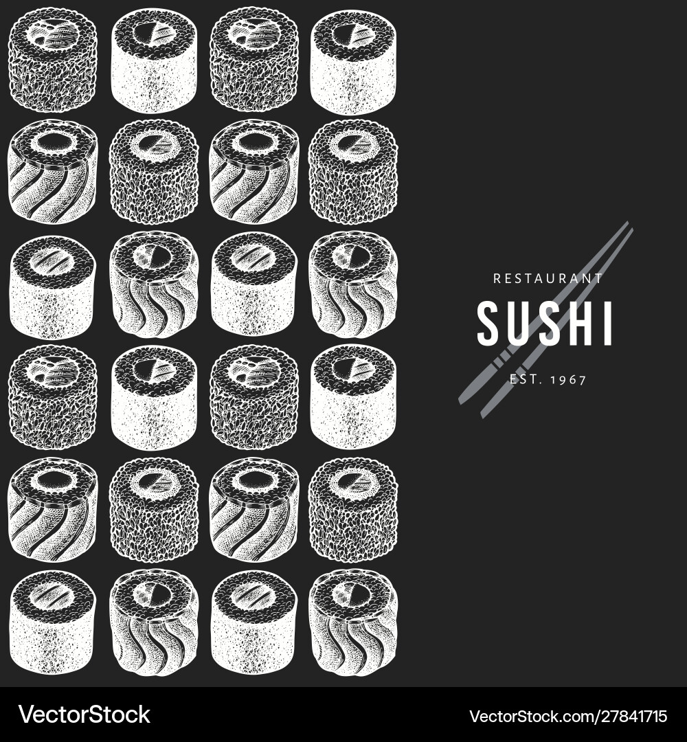 Sushi design template hand drawn on chalk board Vector Image