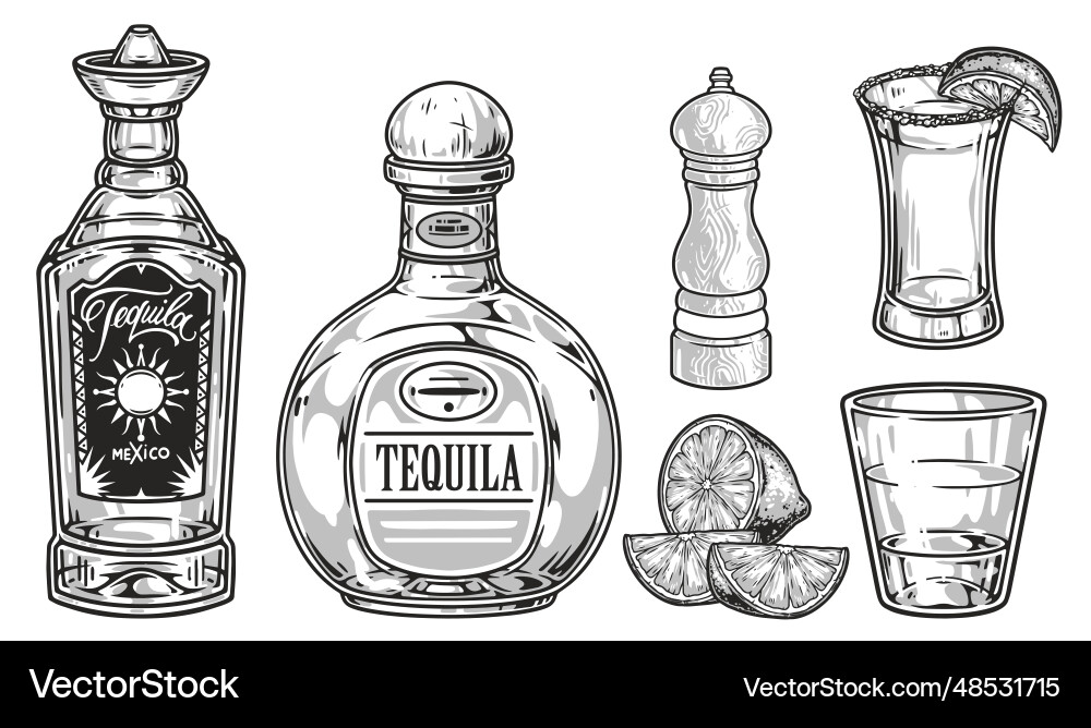 Tequila drink monochrome set stickers Royalty Free Vector