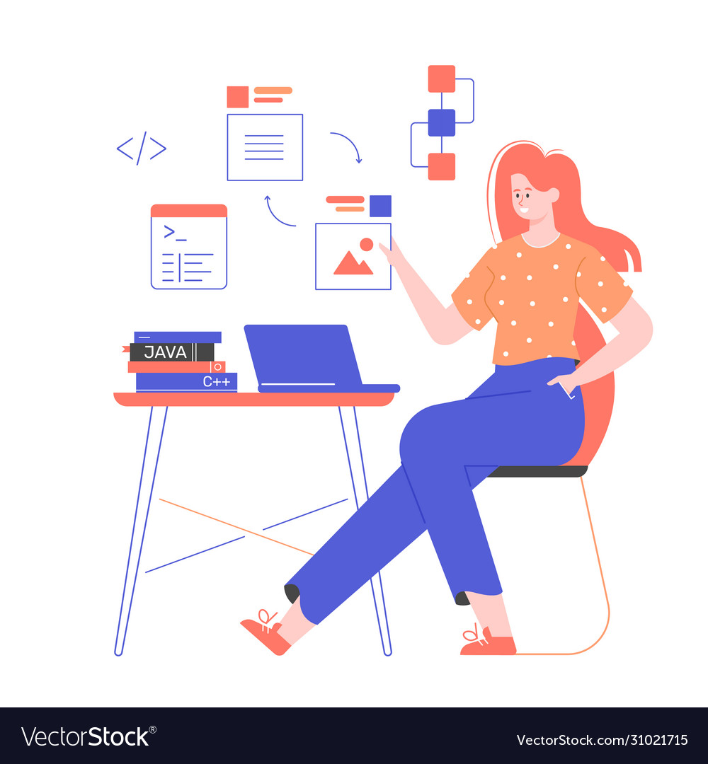 Woman programmer is sitting at a desk Royalty Free Vector