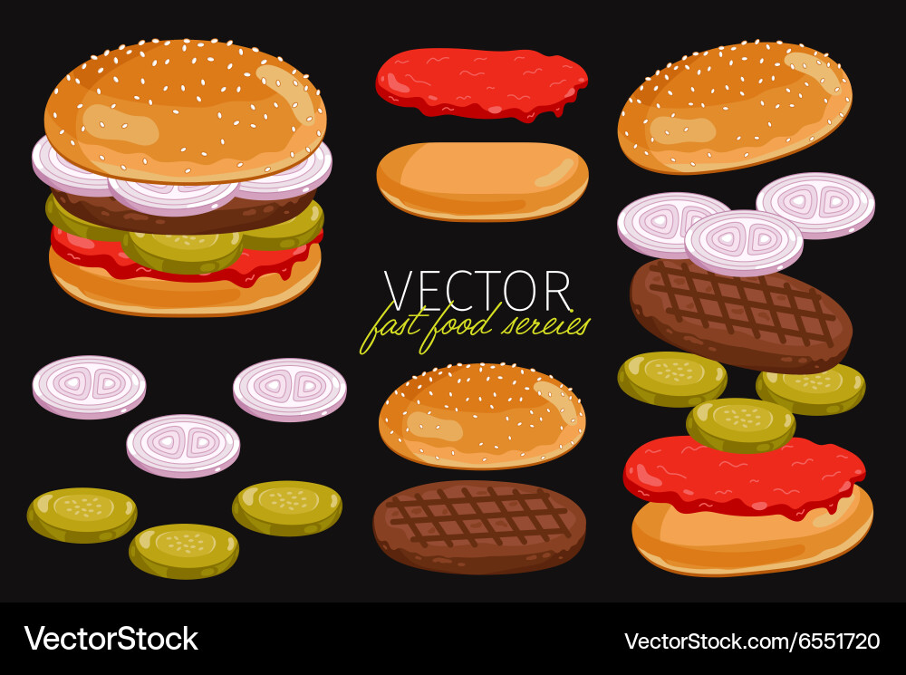 Burgers isolated on black background Royalty Free Vector