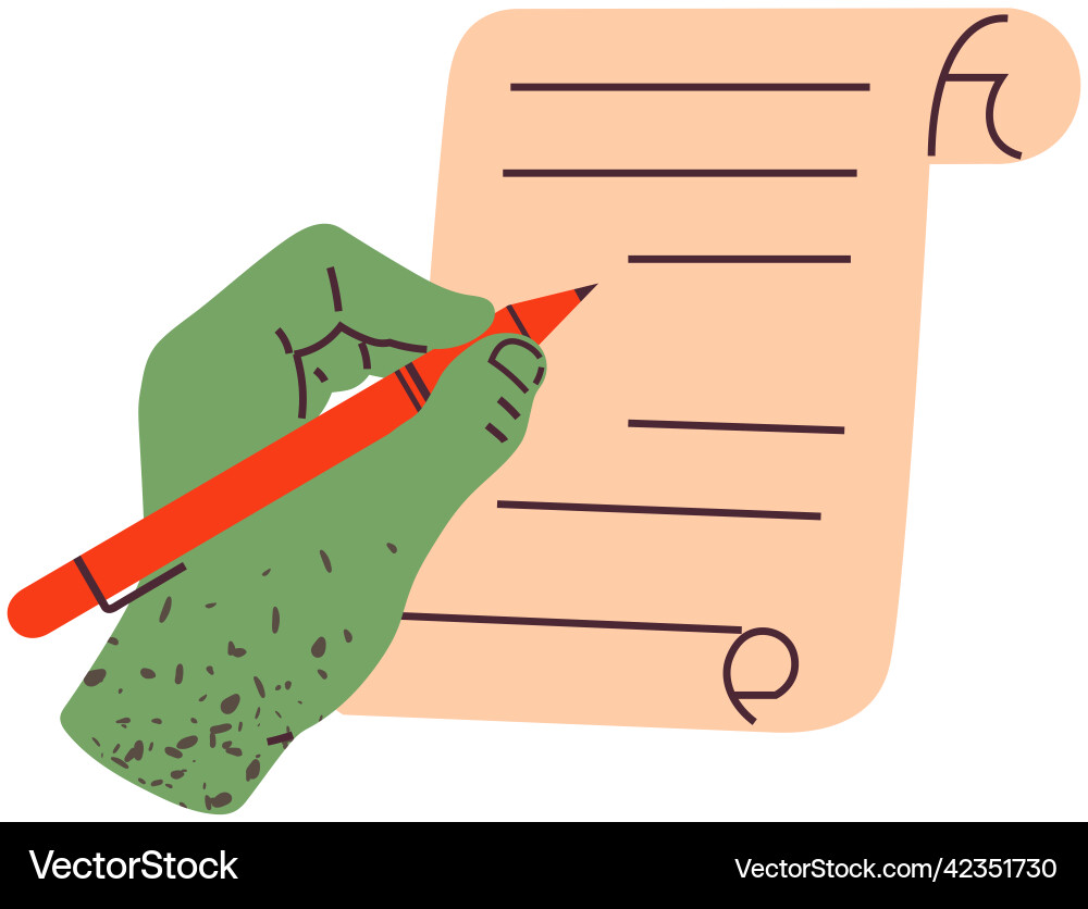 Human hand writes on scroll of paper roll Vector Image