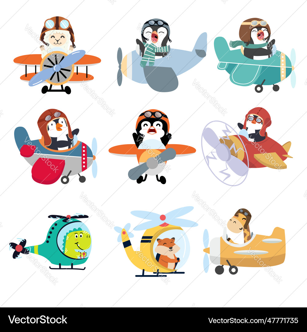 Kid pilot animal flying air plane set Royalty Free Vector
