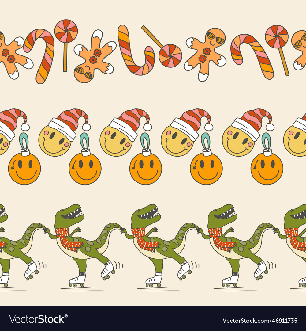 Retro groovy christmas ornaments seamless borders Vector Image