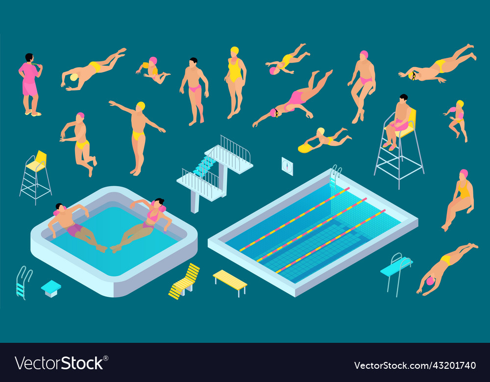 Isometric swimming pool color icon set Royalty Free Vector