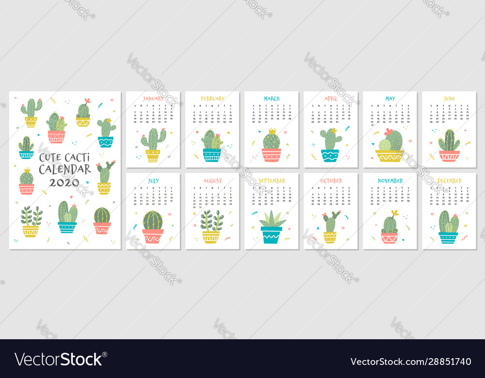 Monthly retro cacti calendar 2020 Royalty Free Vector Image