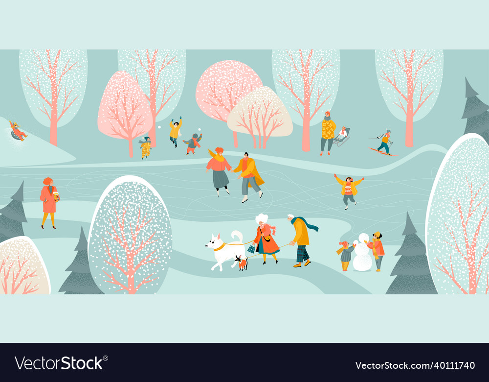 Winter activities with cute characters Royalty Free Vector