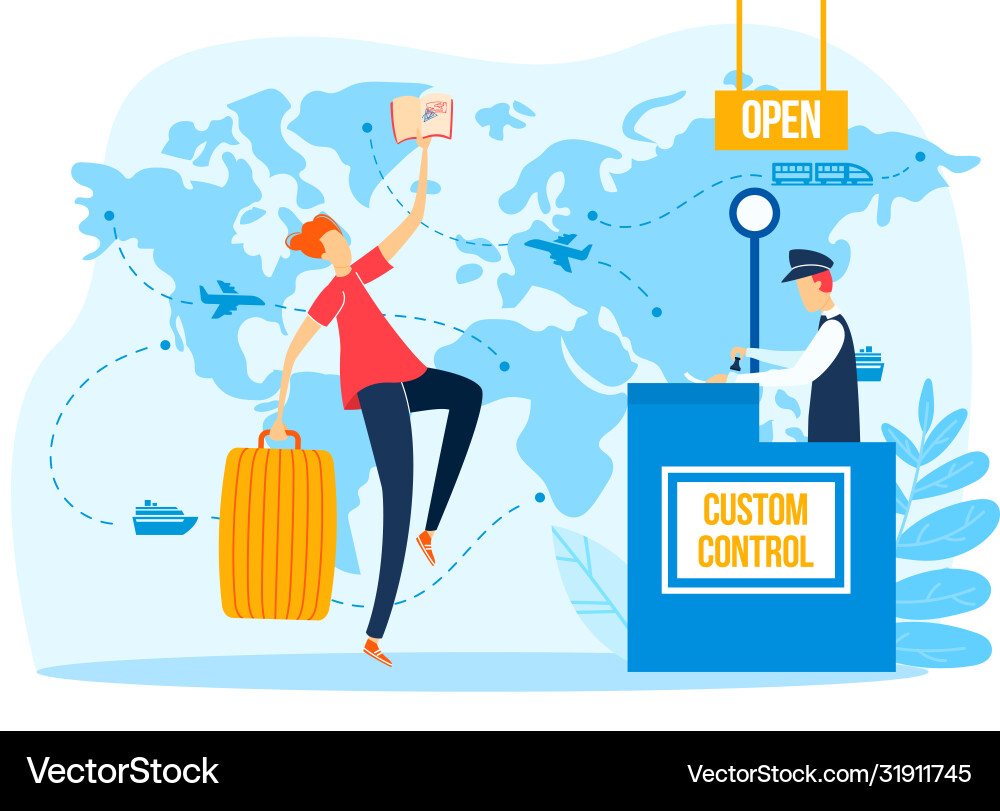 Cheerful male character pass border control Vector Image
