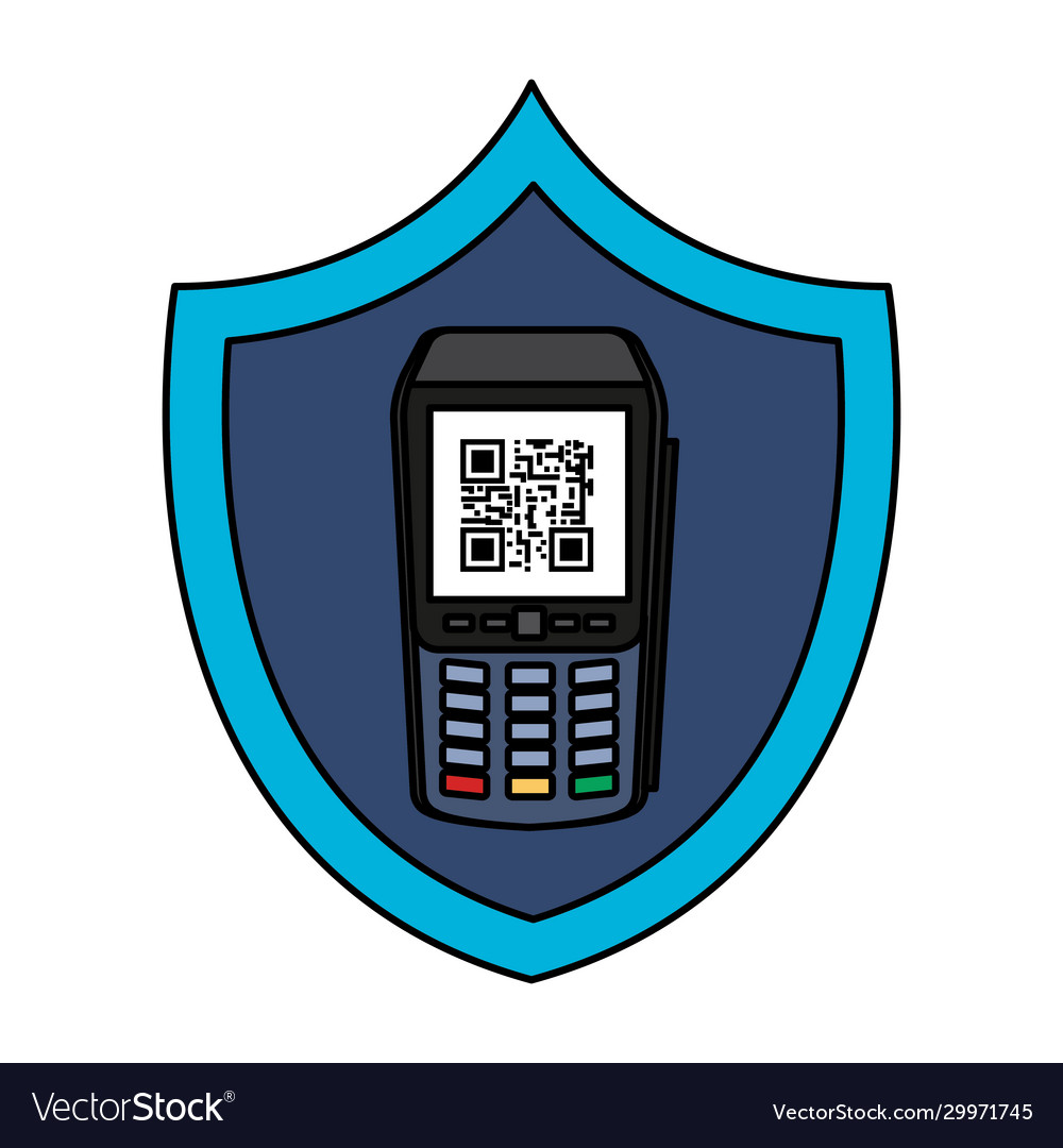 Dataphone with scan code qr in shield Royalty Free Vector