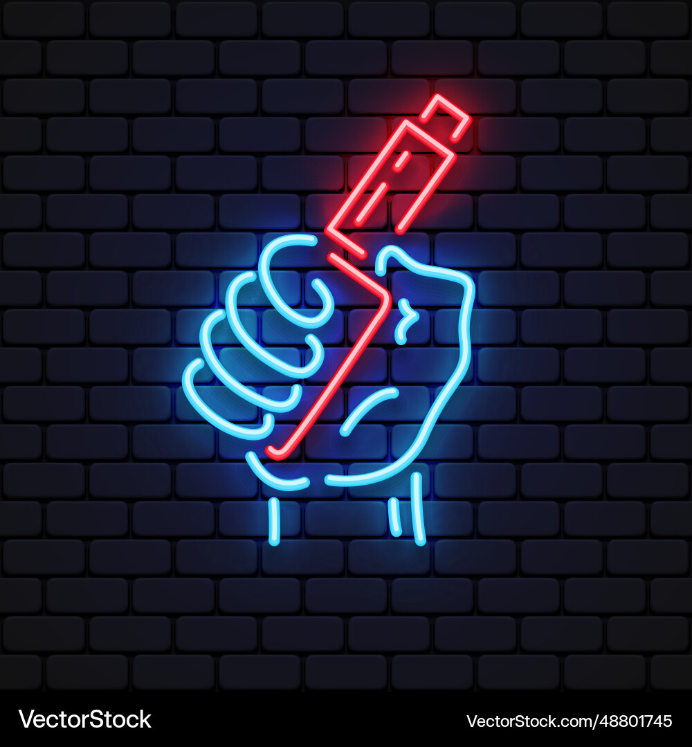 Electronic cigarette neon sign hand holding vape Vector Image