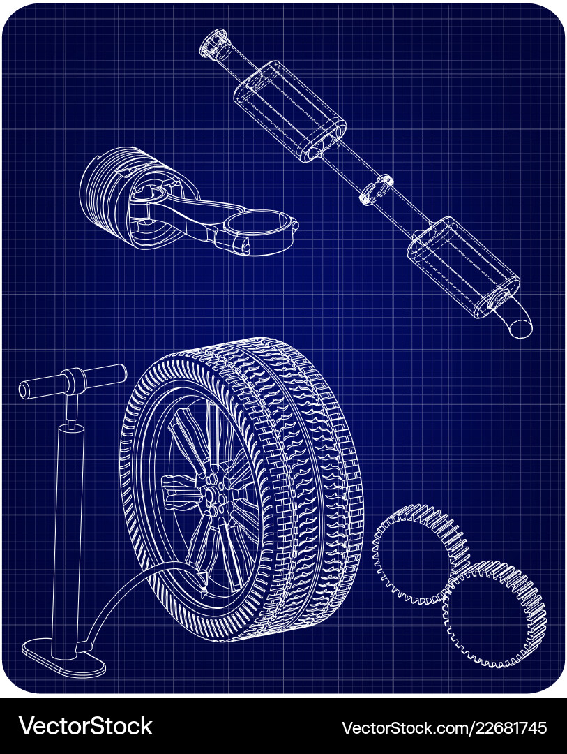 Exhaust pipe piston and wheel on a blue Royalty Free Vector