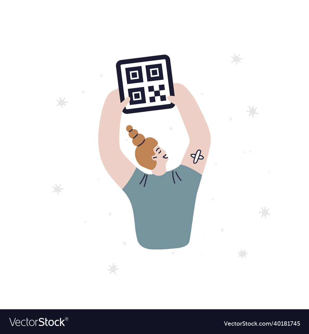 Happy covid19 vaccinated woman with qr code hand Vector Image Happy covid19 vaccinated woman with qr code hand Vector Image