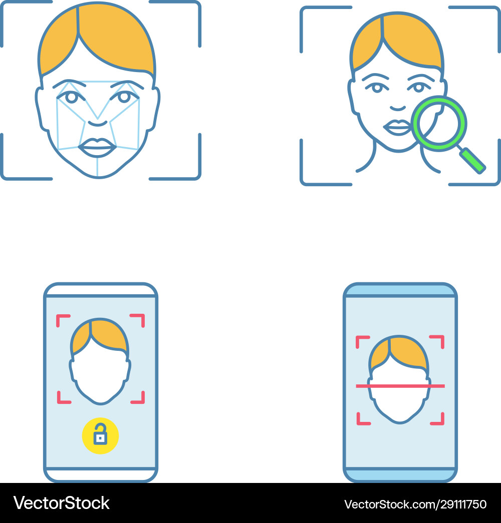 Facial recognition color icons set Royalty Free Vector Image