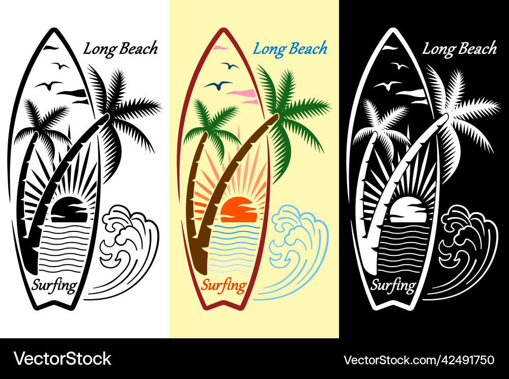 Seascape in surfboard frame drawing printable Vector Image