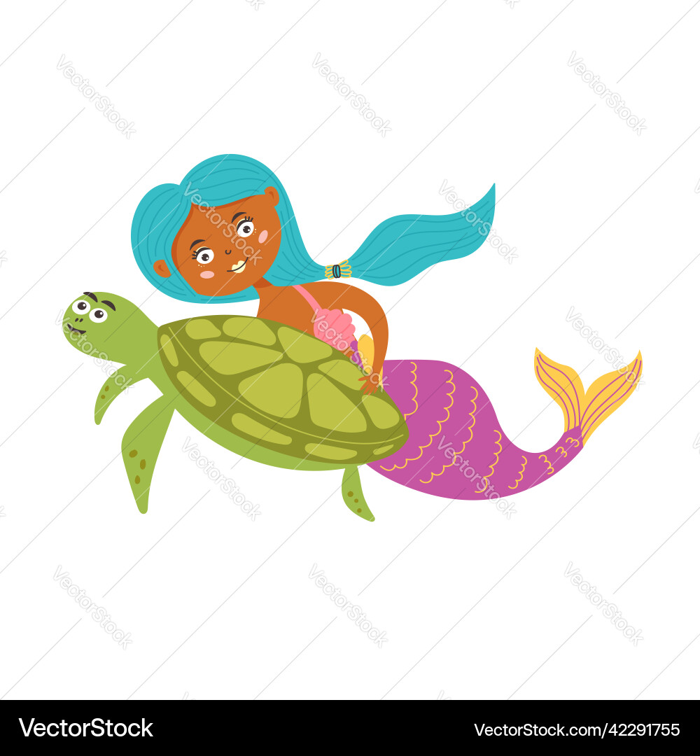 Cute mermaid swims with a turtle Royalty Free Vector Image