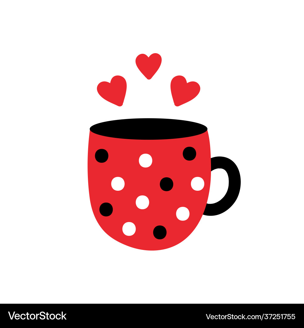 Dotted red cup mug for coffee or tea with hearts Vector Image
