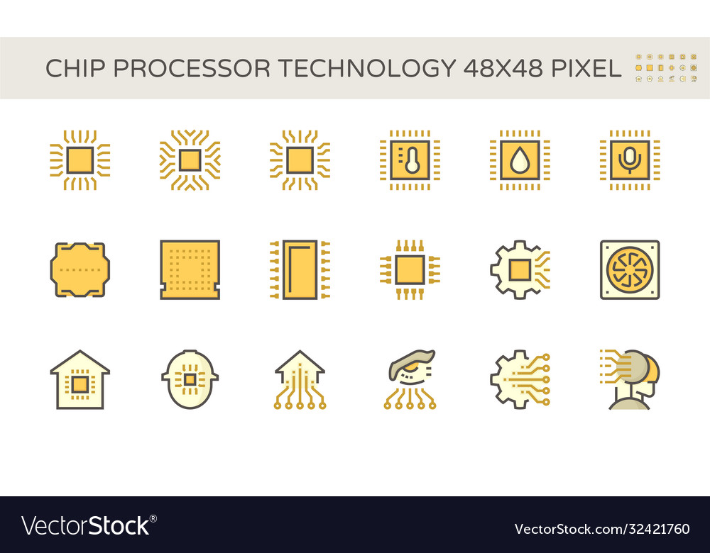 Computer chip processor and technology icon set Vector Image