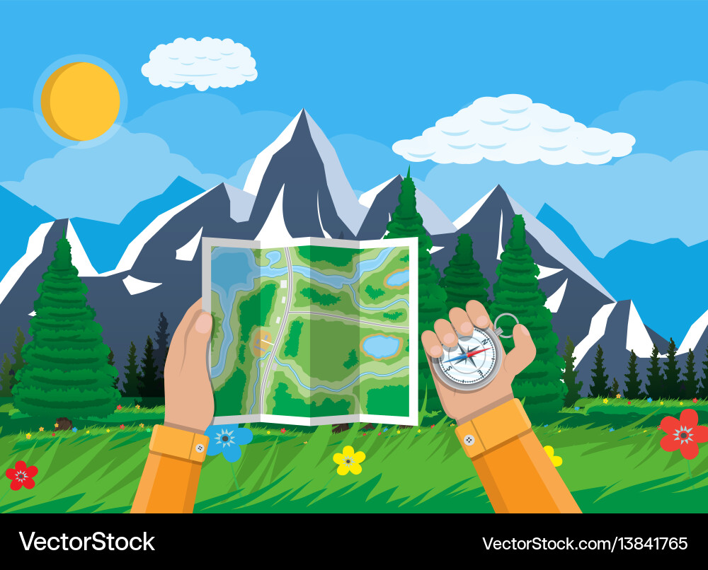 Folded paper city map and compass in hands Vector Image
