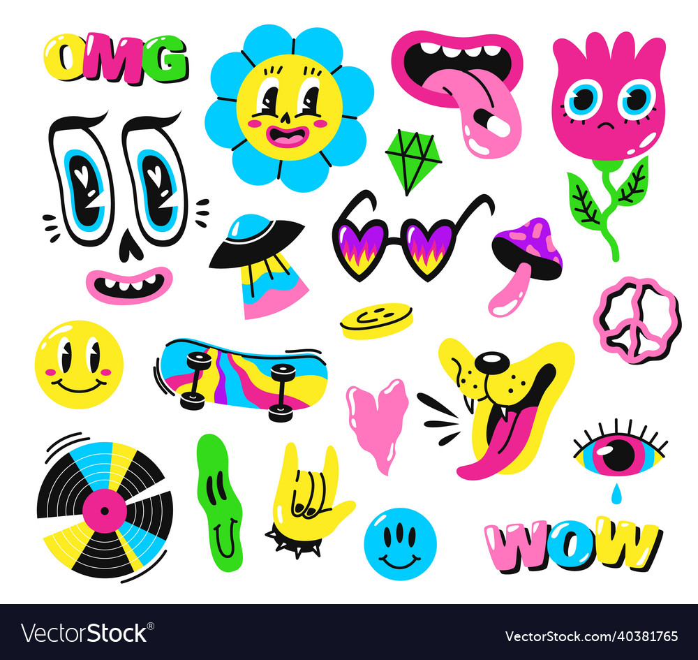 Retro psychedelic elements bright surreal objects Vector Image