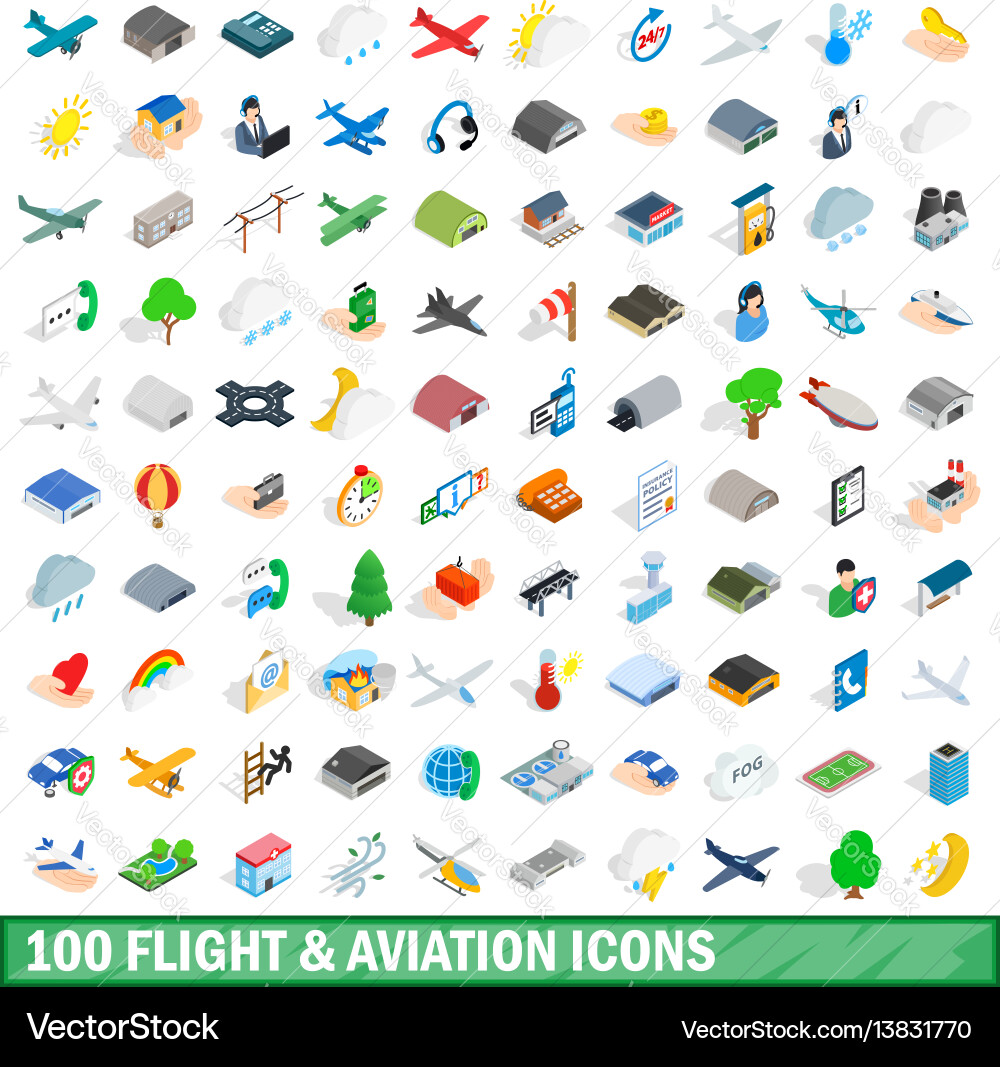 100 flight aviation icons set isometric 3d style Vector Image