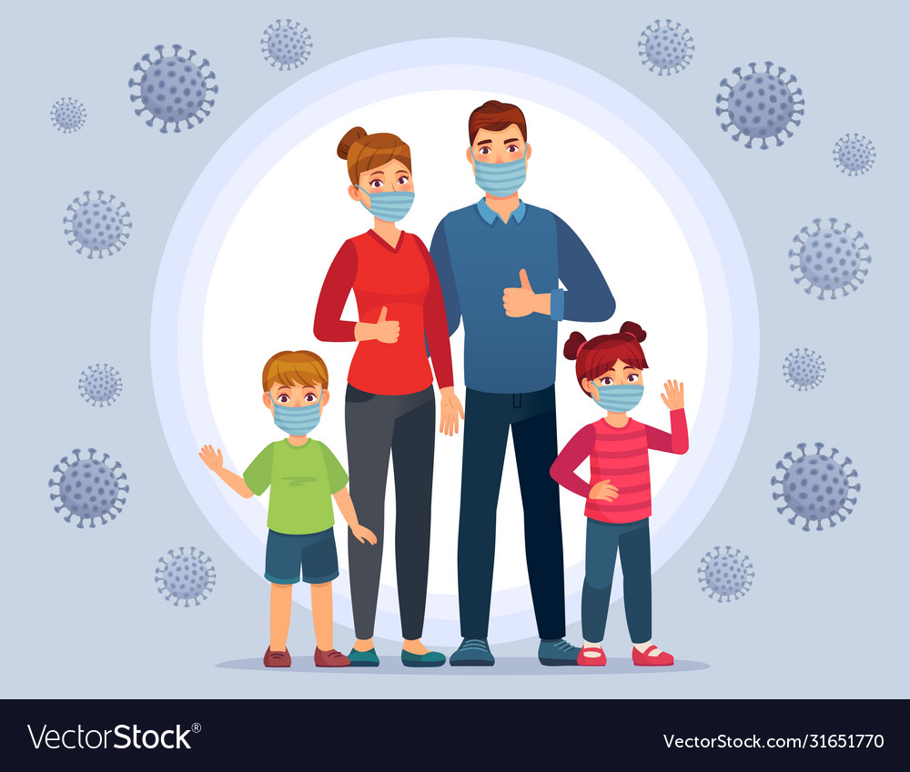 Family wearing coronavirus protection masks face Vector Image