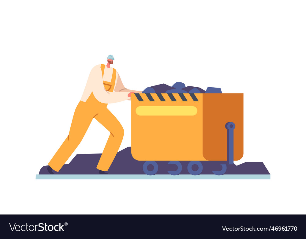 Miner character with trolley worker pushing Vector Image Miner character with trolley worker pushing Vector Image