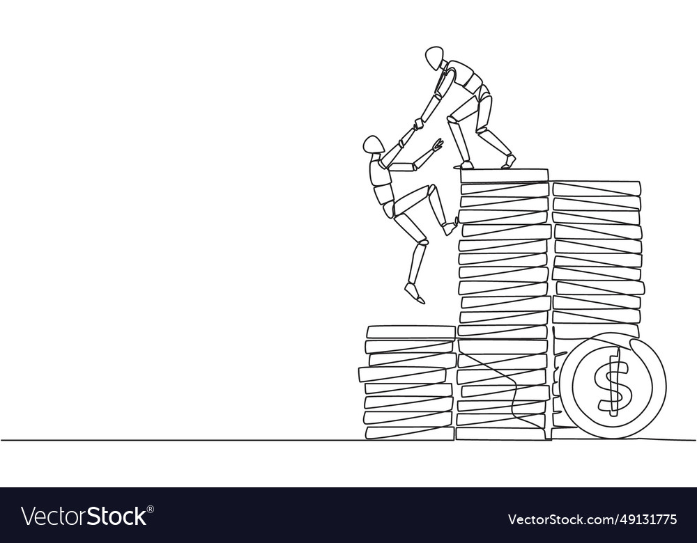 Continuous one line drawing robot helps colleague Vector Image Continuous one line drawing robot helps colleague Vector Image
