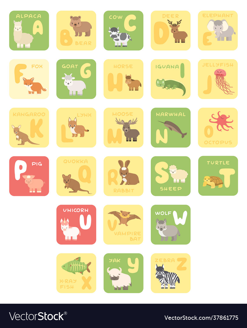 Isolated a-z zoo alphabet cartoon animals Vector Image