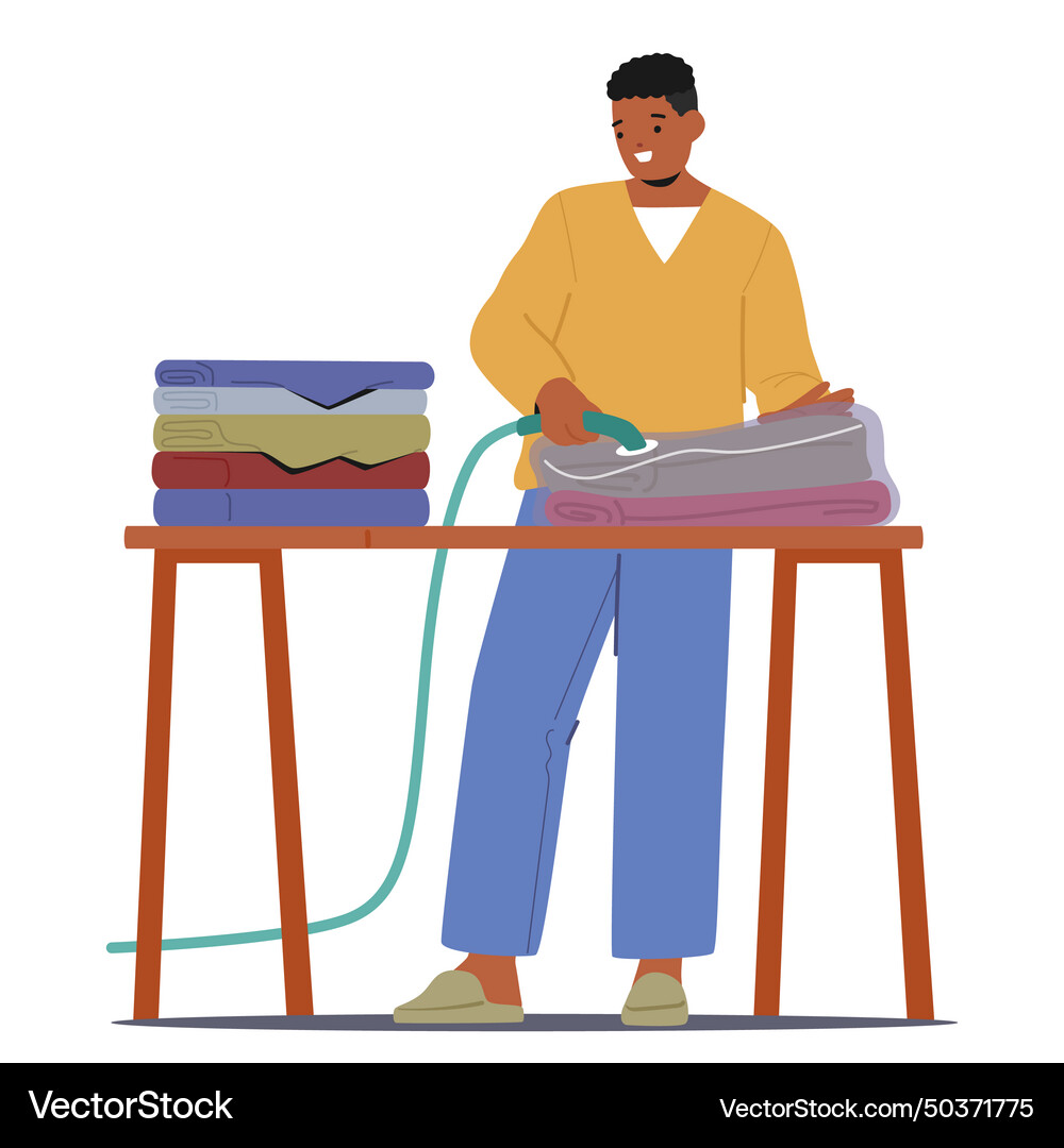 Male character efficiently vacuuming clothes Vector Image