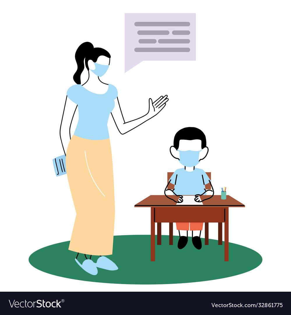 Teacher and student in classroom wearing face mask