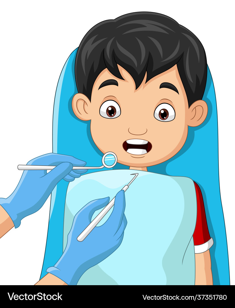 Cartoon little boy teeth checked dentist Vector Image