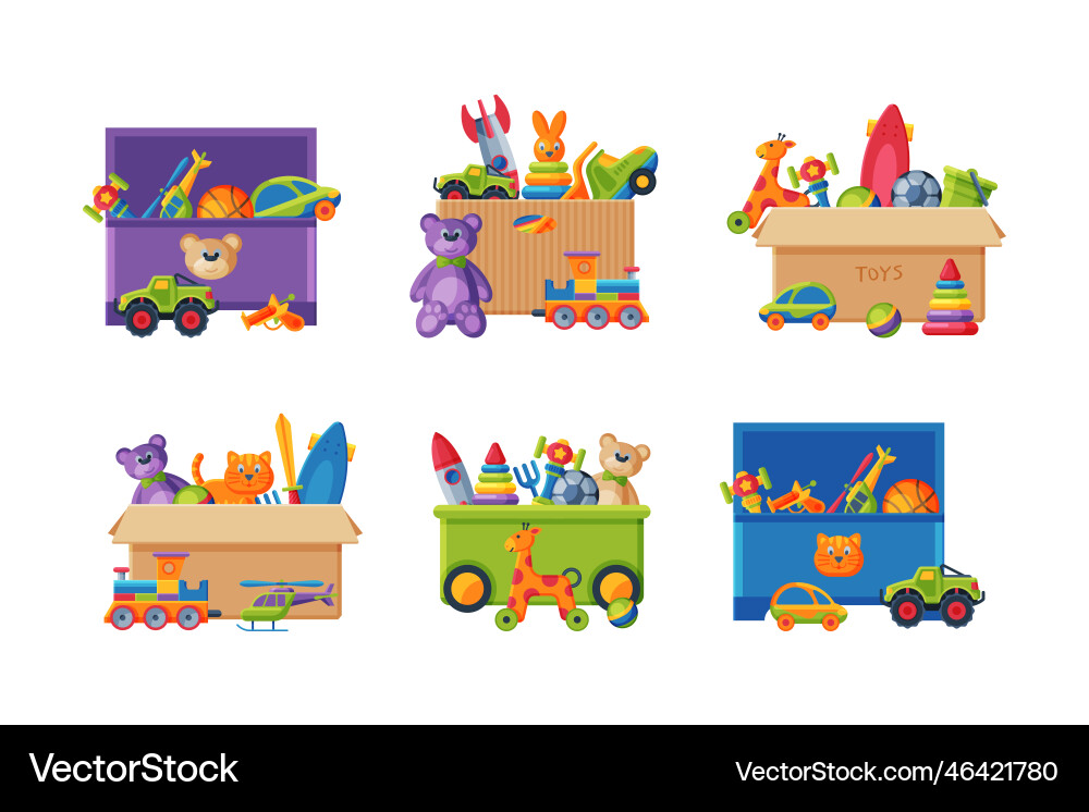 Kids toy box with different bright plaything Vector Image