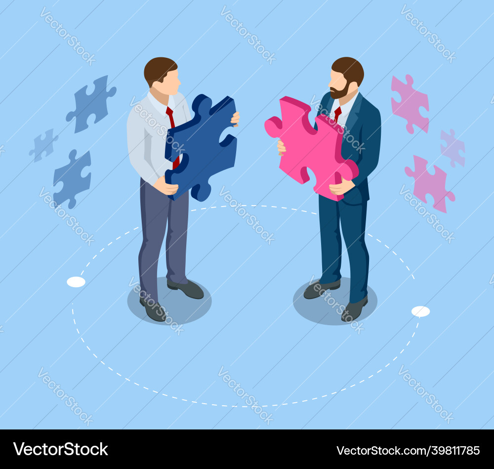 Isometric people connecting puzzle elements Vector Image