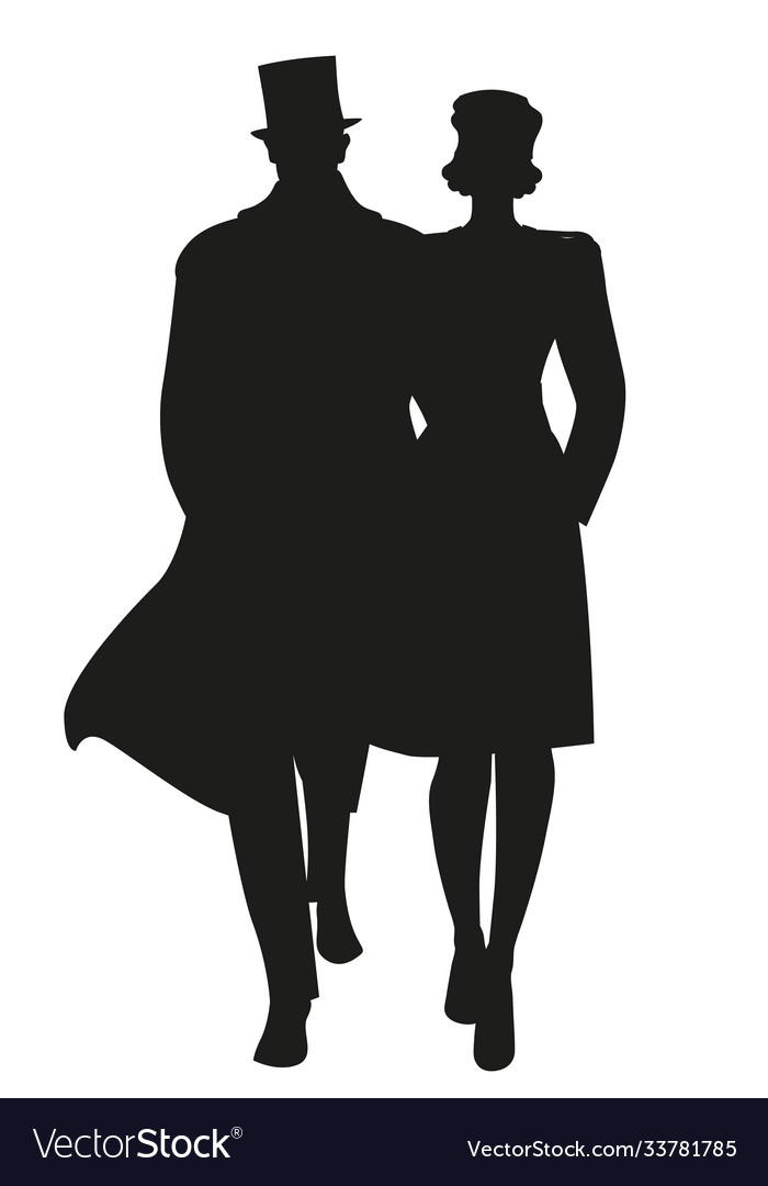 Silhouette couple walking wearing retro style Vector Image