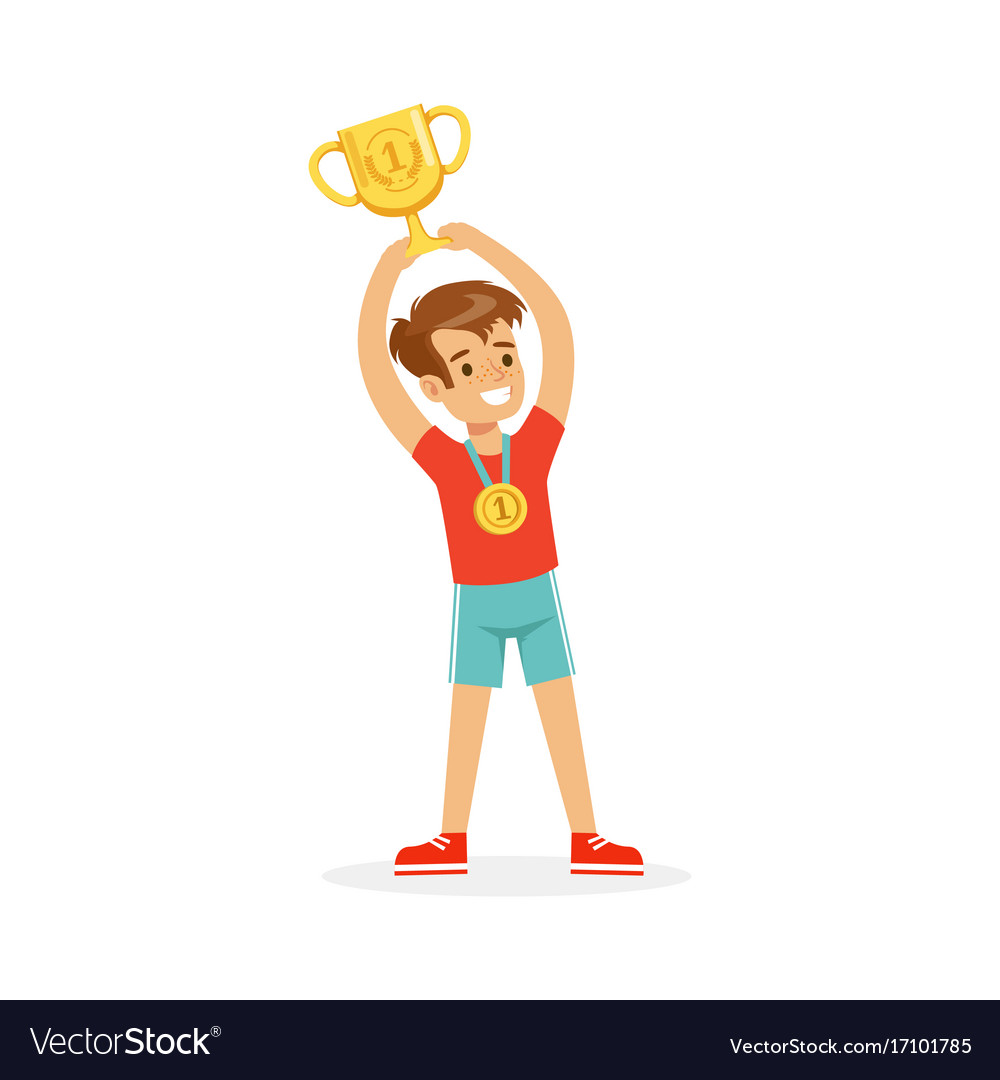Young athletes boy holding winner cup kid Vector Image Young athletes boy holding winner cup kid Vector Image