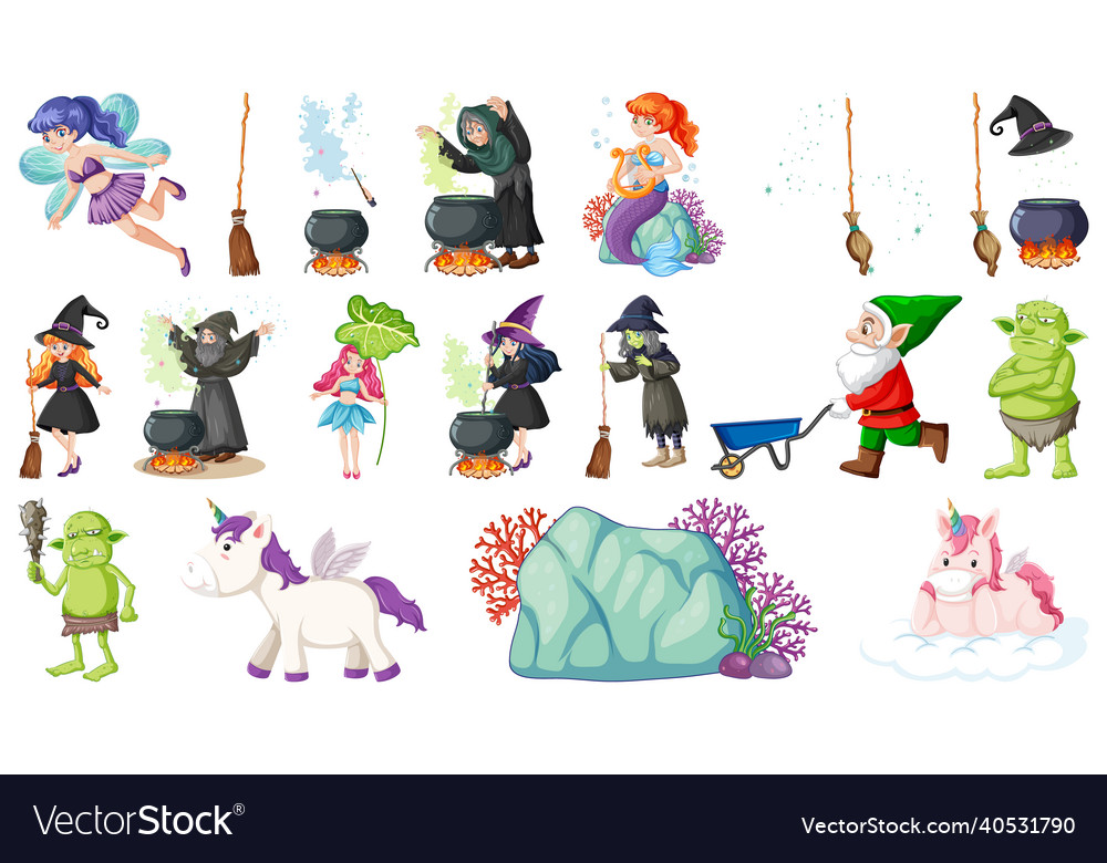 Set of fantasy fairy tale characters and elements Vector Image