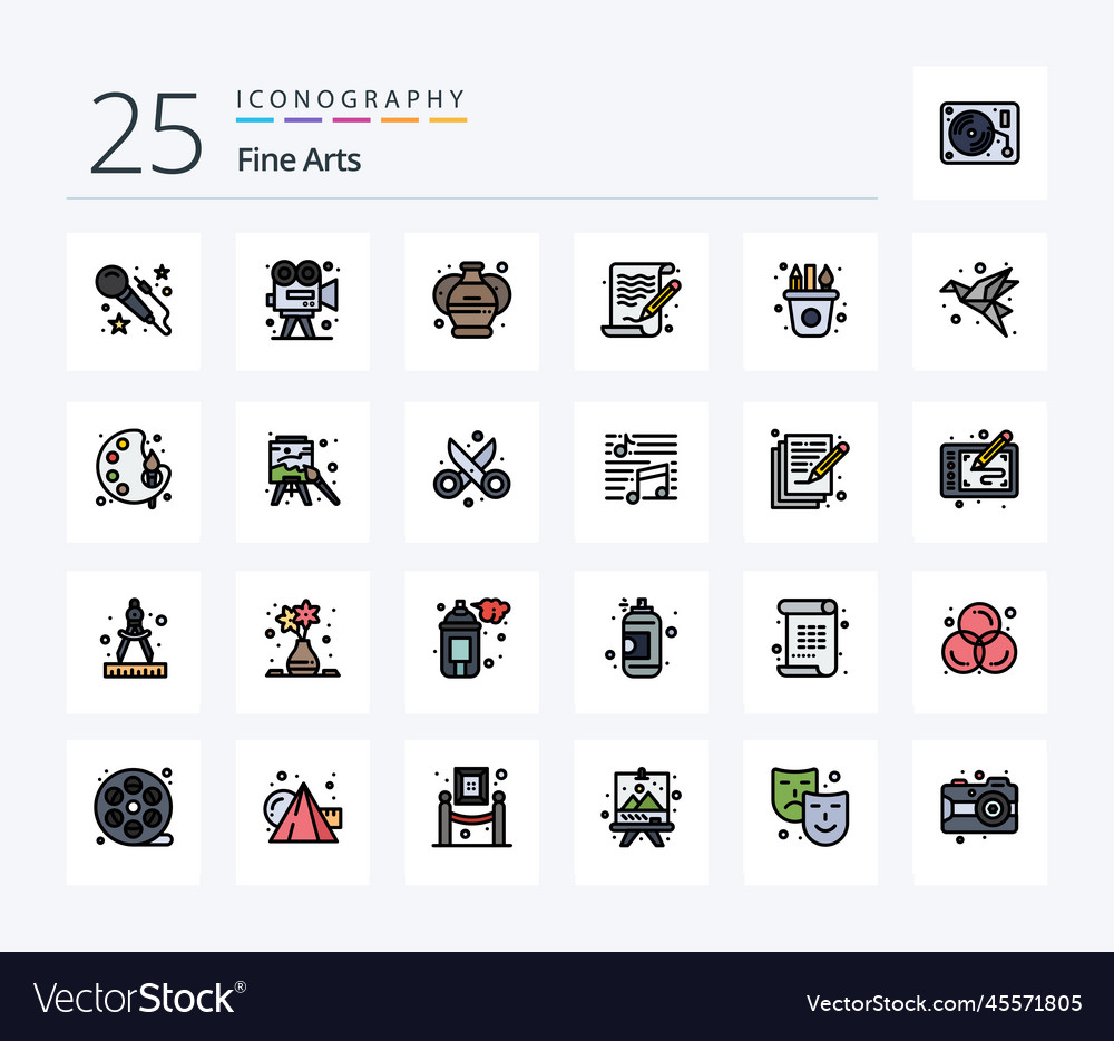 Fine arts 25 line filled icon pack including arts Vector Image