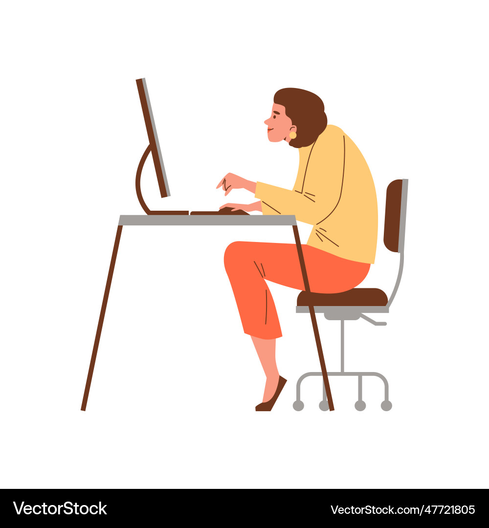Smiling woman sitting slumped at computer flat Vector Image