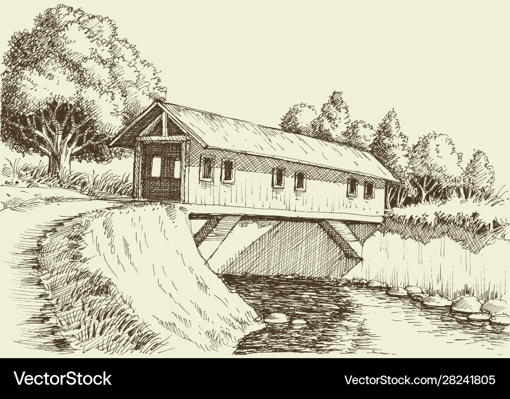 Wooden bridge over river in forest Royalty Free Vector Image