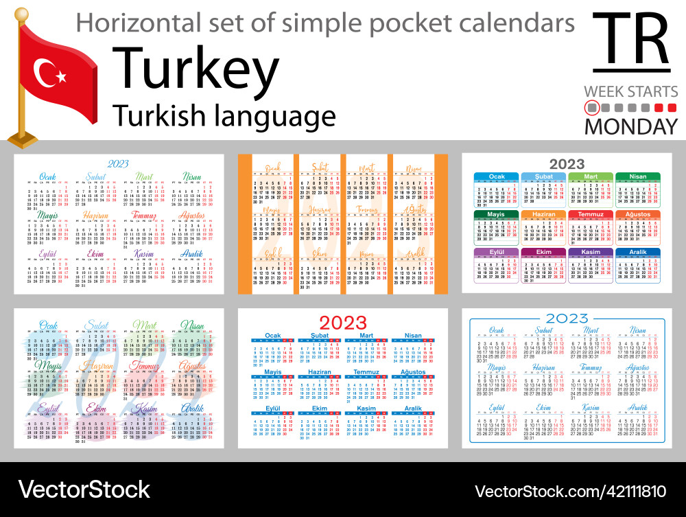 Turkish horizontal pocket calendar for 2023 week Vector Image